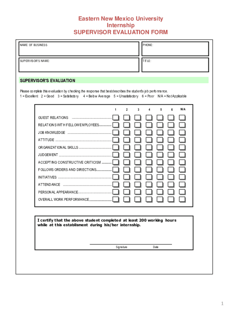 Fillable Online ENMU Internship Supervisor Evaluation Form Fax Email ...