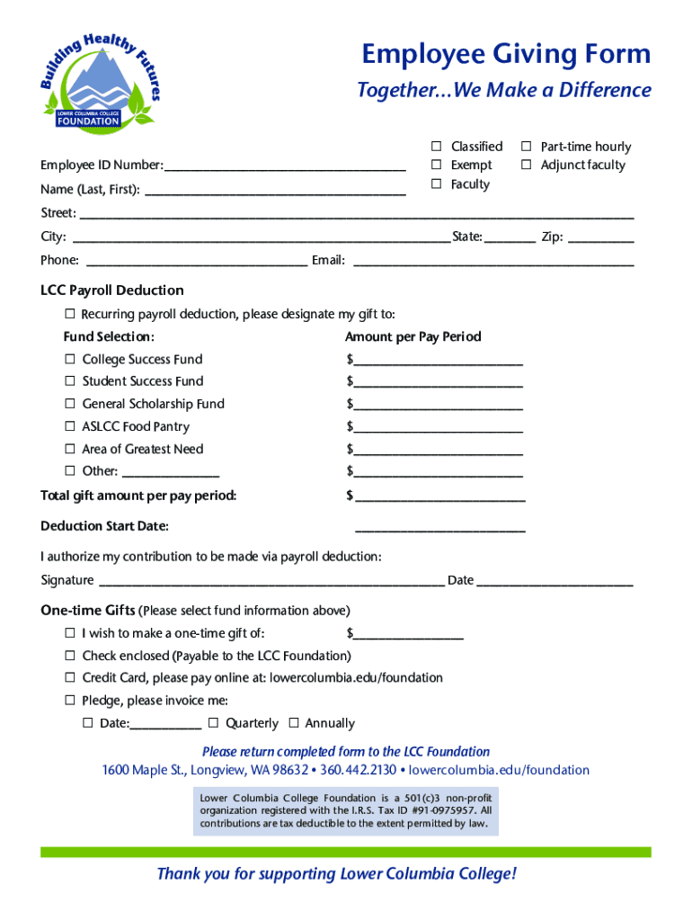 Fillable Online Employee Giving Form - lowercolumbia.edu Fax Email ...