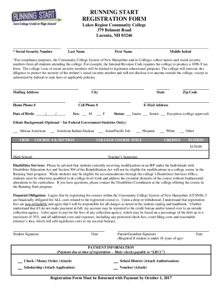 Fillable Online RUNNING START REGISTRATION FORM Lakes Region Community ...