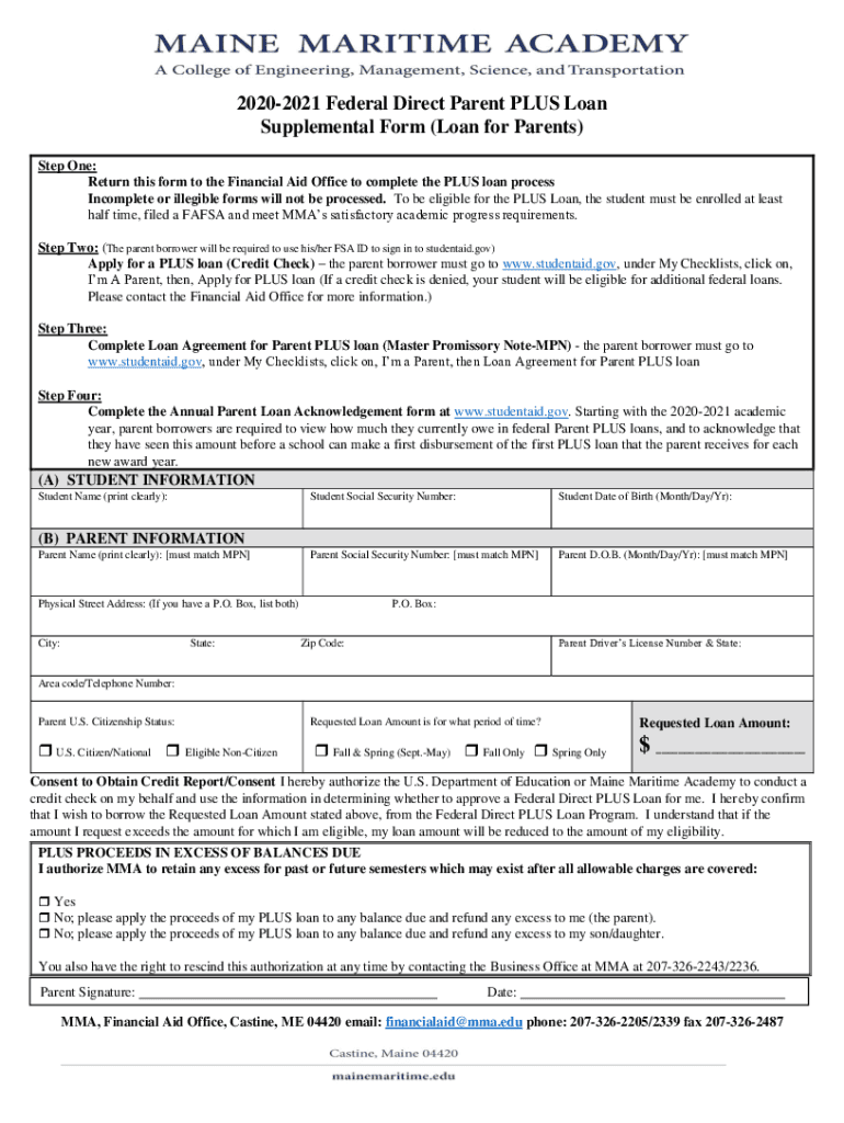 Fillable Online 2020-2021 Federal Direct Parent PLUS Loan Supplemental ...