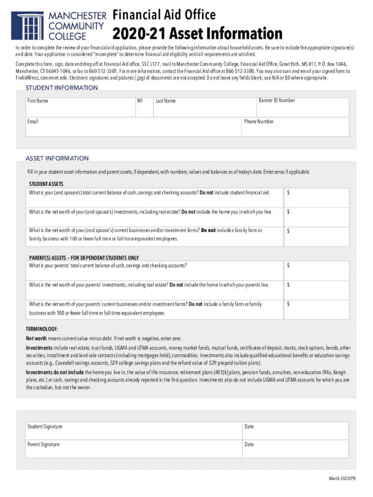 Fillable Online MCC Financial Aid Office 2020-2021 Asset Information ...