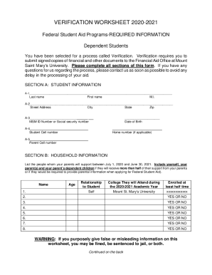 Fillable Online 20202021 Dependent Student Verification Worksheet (V5 ...