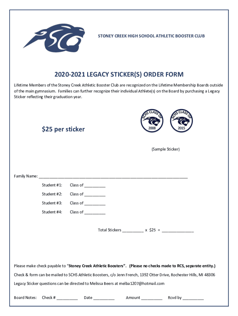 Fillable Online 2020-2021 LEGACY STICKER(S) ORDER FORM $25 per sticker ...