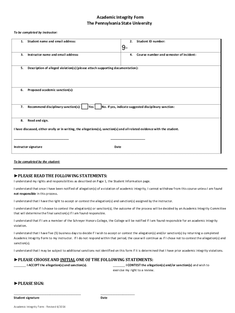 Fillable Online ist psu Academic Integrity Form and Information for ...