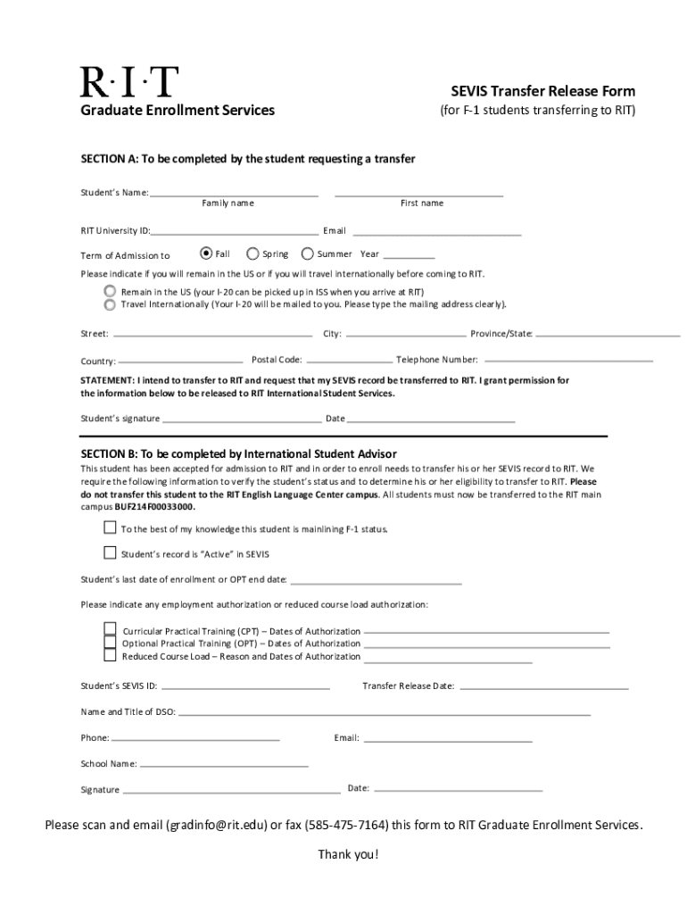 Fillable Online SEVIS Transfer Release Form Graduate Enrollment ...