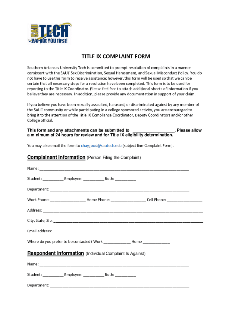 Fillable Online TITLE IX COMPLAINT FORM - Southern Arkansas University Tech Fax Email Print ...