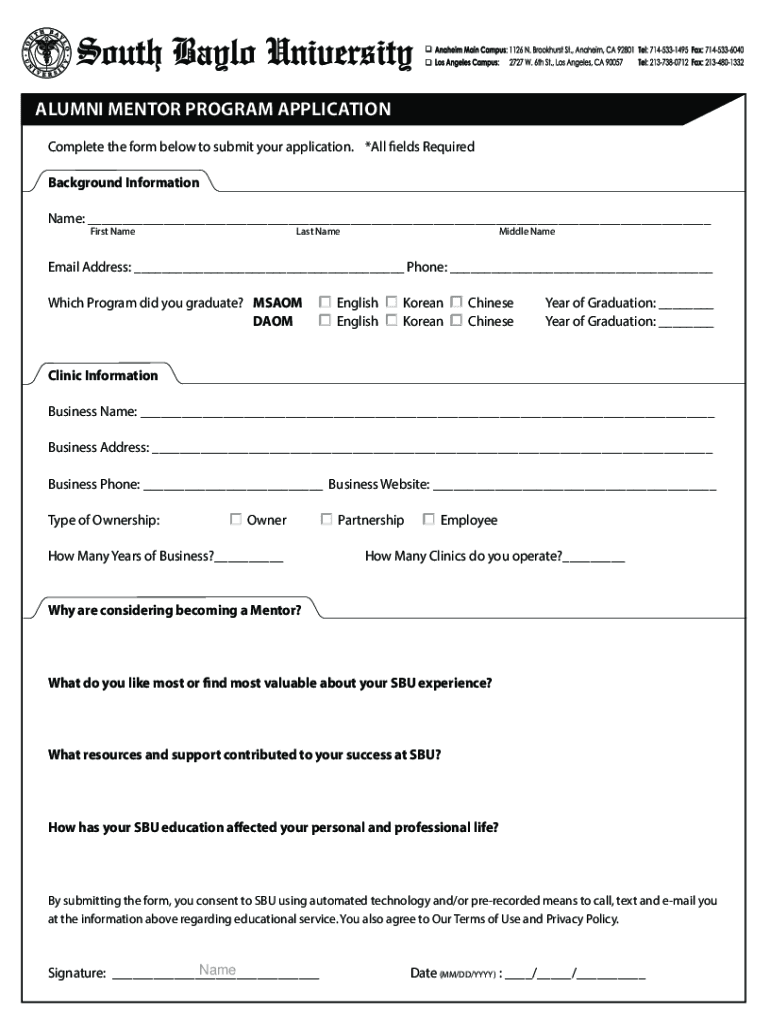 Fillable Online ALUMNI MENTOR PROGRAM APPLICATION(3) Fax Email Print ...
