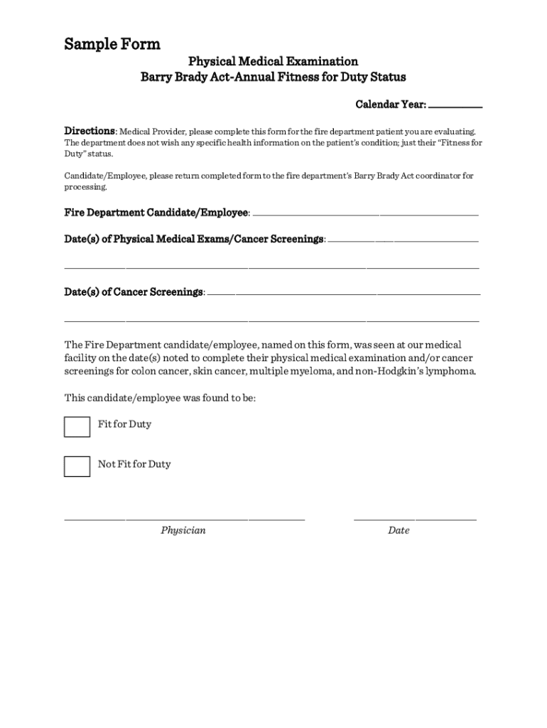 Fillable Online Brady Act Pre-Employment Physical Medical Examination Form. Brady Act Pre ...