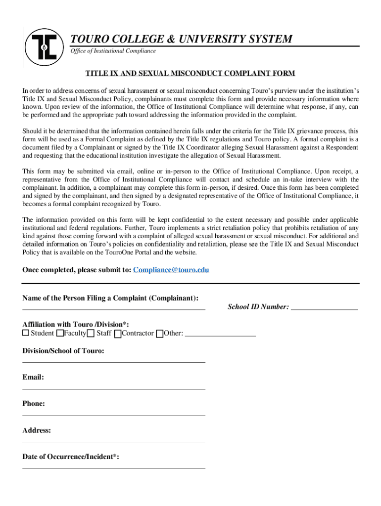 Fillable Online Title IX and Sexual Misconduct Complaint Form Fax Email Print - pdfFiller