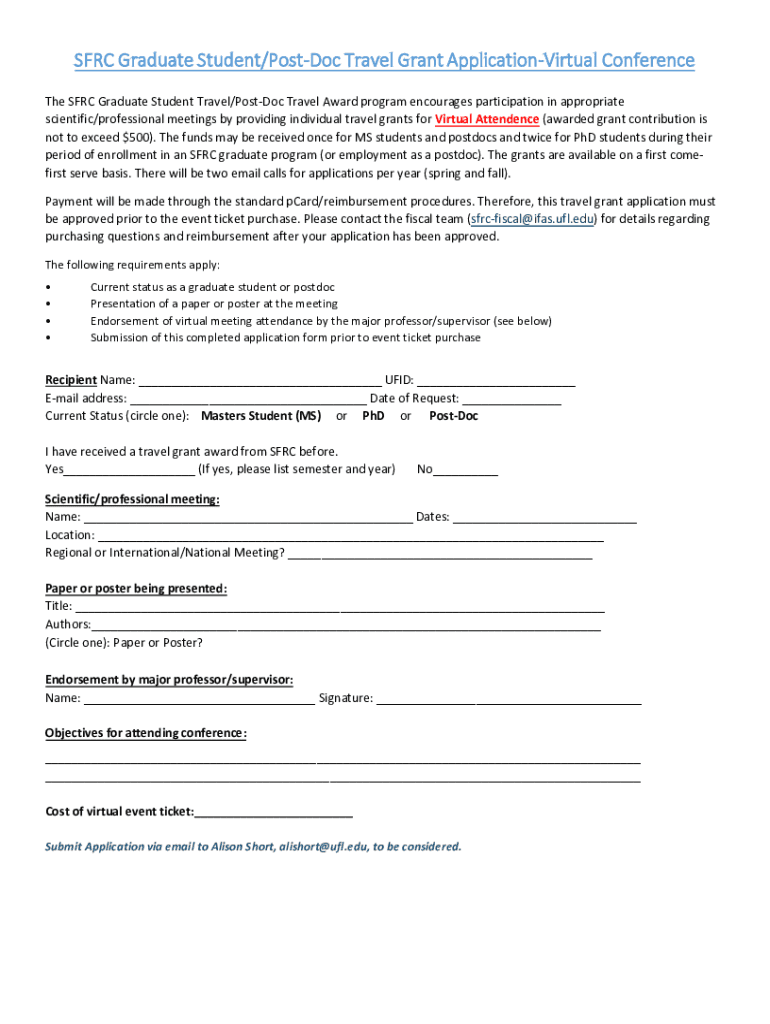 Fillable Online sfrc ufl SFRC Graduate Student/Post-Doc Travel Grant ...