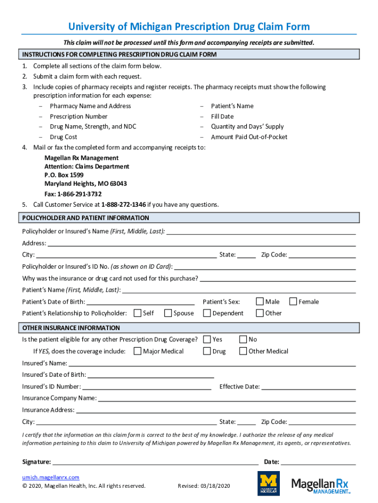 Fillable Online hr umich University of Michigan Prescription Drug Claim ...