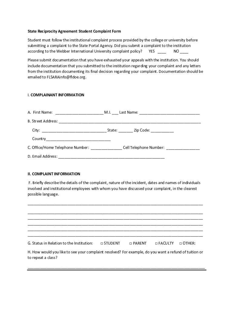 Fillable Online State Reciprocity Agreement Student Complaint Form Fax Email Print - pdfFiller