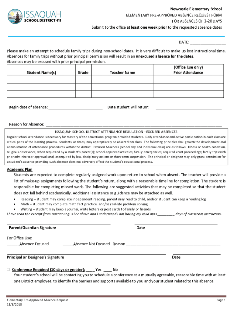 Fillable Online ELEMENTARY PRE-APPROVED ABSENCE REQUEST FORM FOR ABSENCES ... Fax Email Print ...
