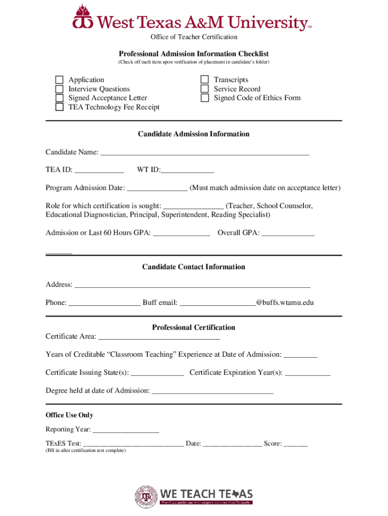 Fillable Online Professional Admission Information Checklist Fax Email ...