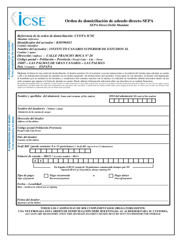 Fillable Online Orden de domiciliacin de adeudo directo SEPA (SEPA ...