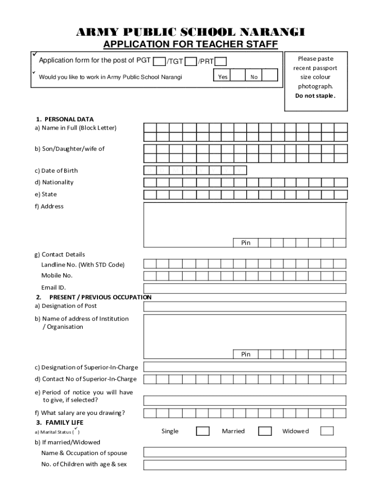 Fillable Online Army Public School PGT, TGT & PRT Recruitment 2020: Application FormArmy Public ...