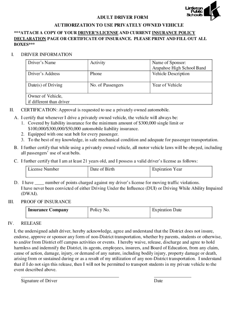 Fillable Online ADULT DRIVER FORM AUTHORIZATION TO USE PRIVATELY OWNED ...