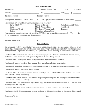 Fillable Online Visitor Screening Form Visitor Name: Date and Time of ...