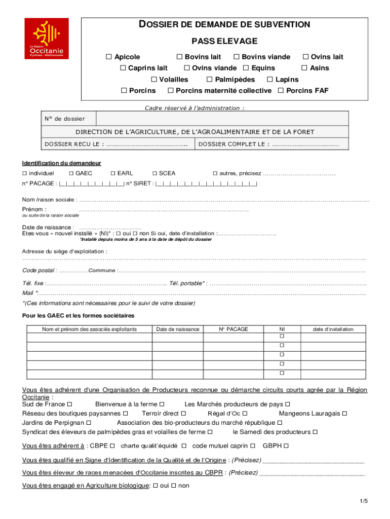 Remplissable En Ligne DOSSIER DE DEMANDE DE SUBVENTION PASS ELEVAGE Fax Email Imprimer - pdfFiller