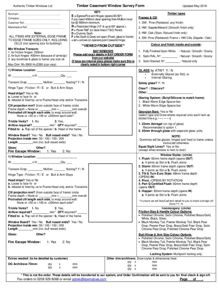 Fillable Online Timber Casement Window Survey Form May 2018. Timber ...