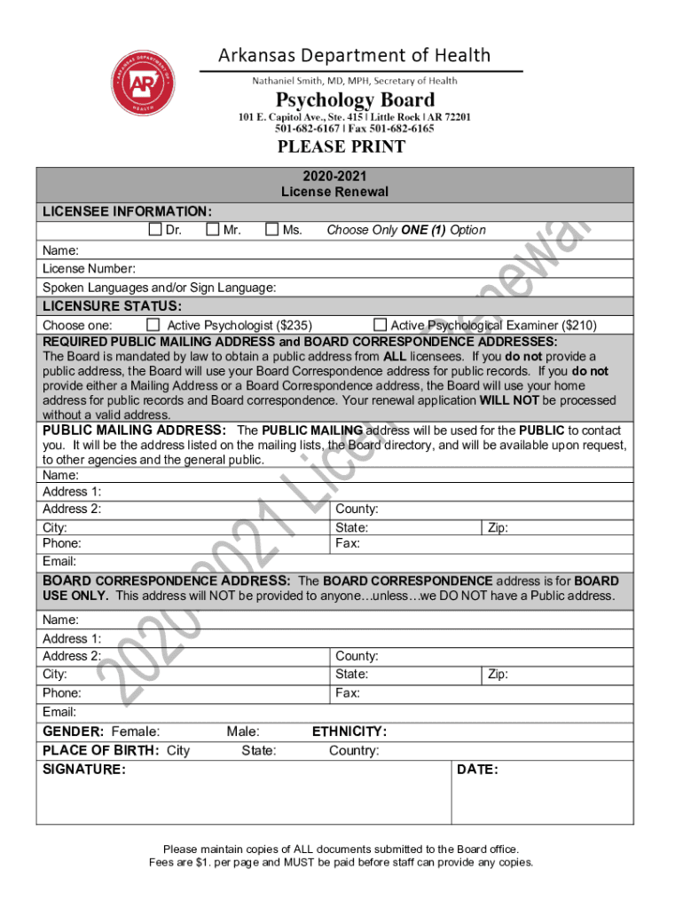 Fillable Online psychologyboard arkansas 2020-2021 Renewal Paper Forms ...