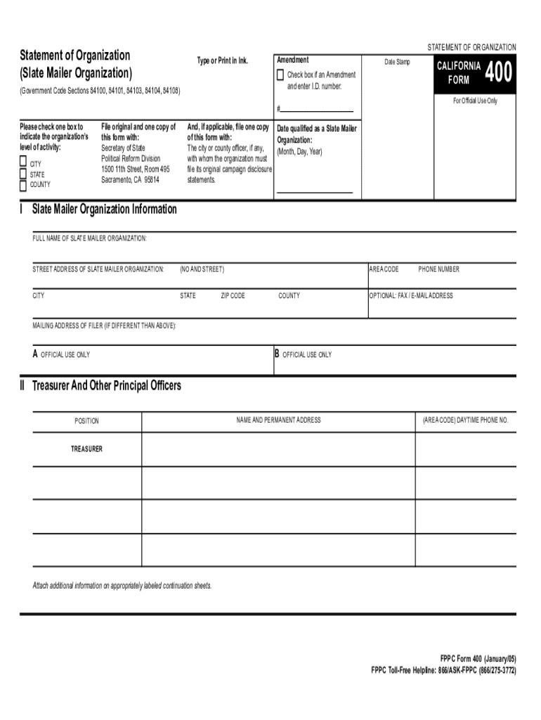 Fillable Online fppc ca Statement of Organization (Slate Mailer ...