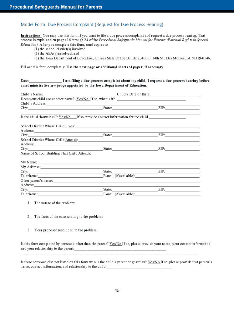 Fillable Online Model Form: Due Process Complaint (Request for Due ...