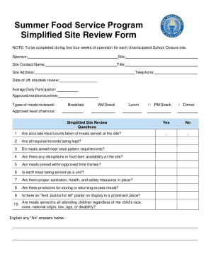 Fillable Online Summer Food Service Program Simplified Site Review Form ...