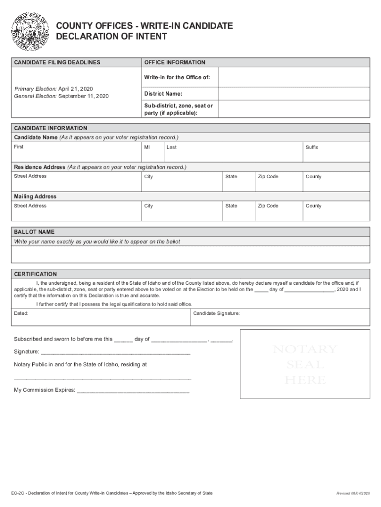 Fillable Online sos idaho SOS: Election Division: Candidate Information ...