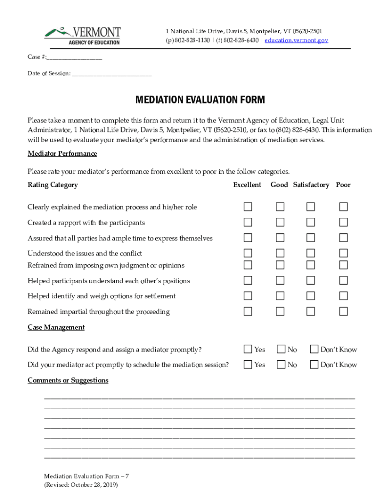 Fillable Online education vermont Mediation Evaluation Form - DR 7 Fax ...