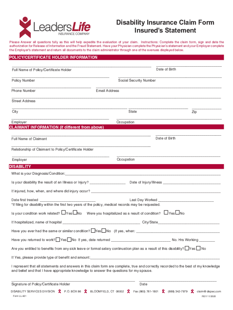 Fillable Online Disability Insurance Claim Form Insureds Statement Fax ...