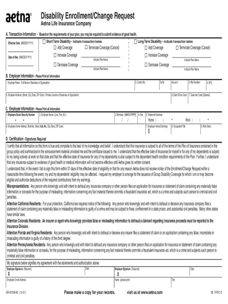 Fillable Online Disability Enrollment/Change Request - Aetna ...