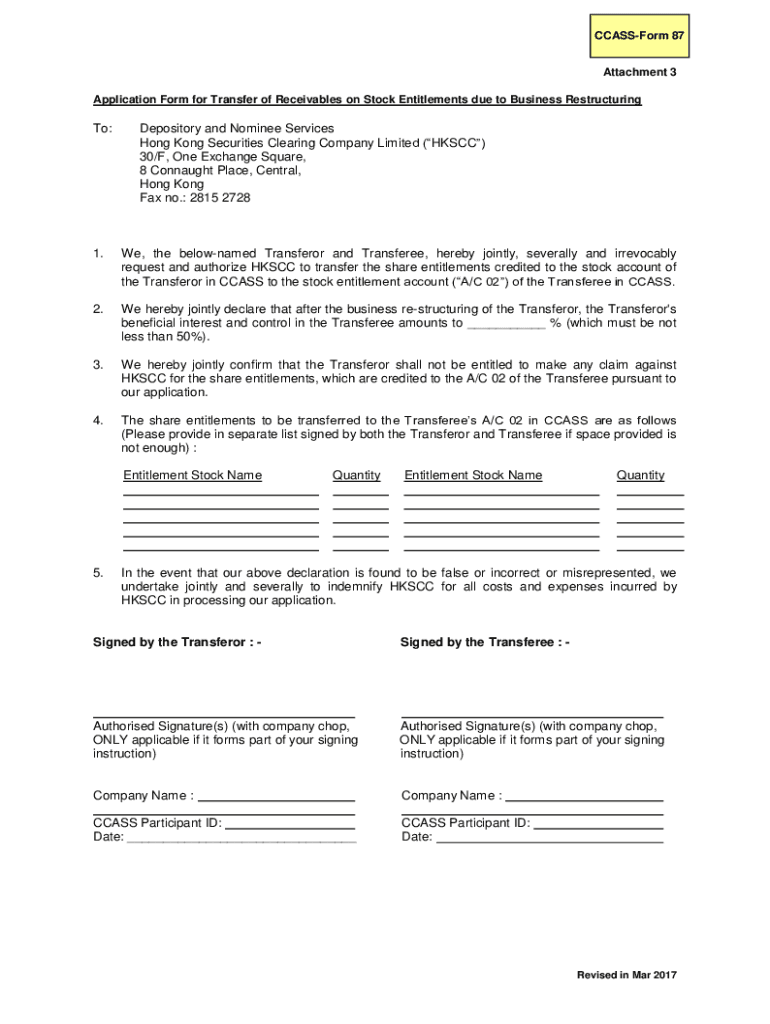 Fillable Online Application Form for Transfer of Receivables on Stock ...
