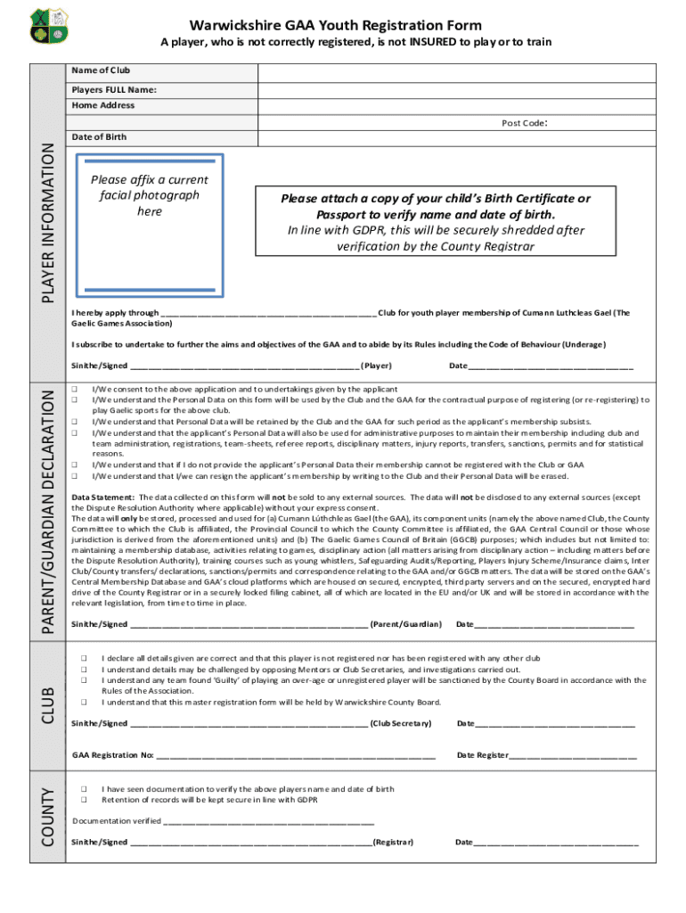Fillable Online Warwickshire GAA Youth Registration Form Fax Email ...