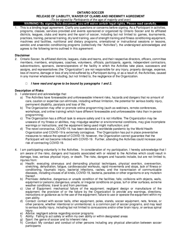 Fillable Online ONTARIO SOCCER RELEASE OF LIABILITY, WAIVER OF CLAIMS ...
