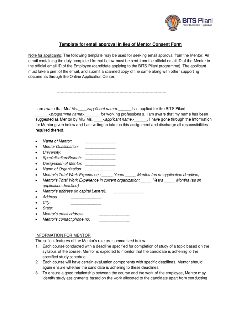 Fillable Online Template for email approval in lieu of Mentor Consent Form Fax Email Print ...