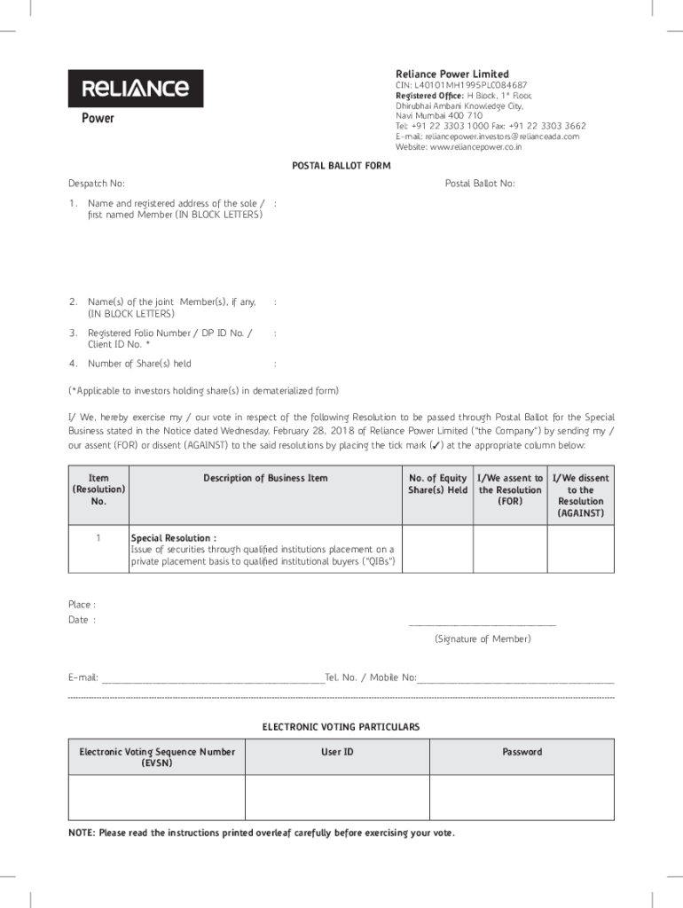 Fillable Online Reliance Power Limited - Registered Office Address ...