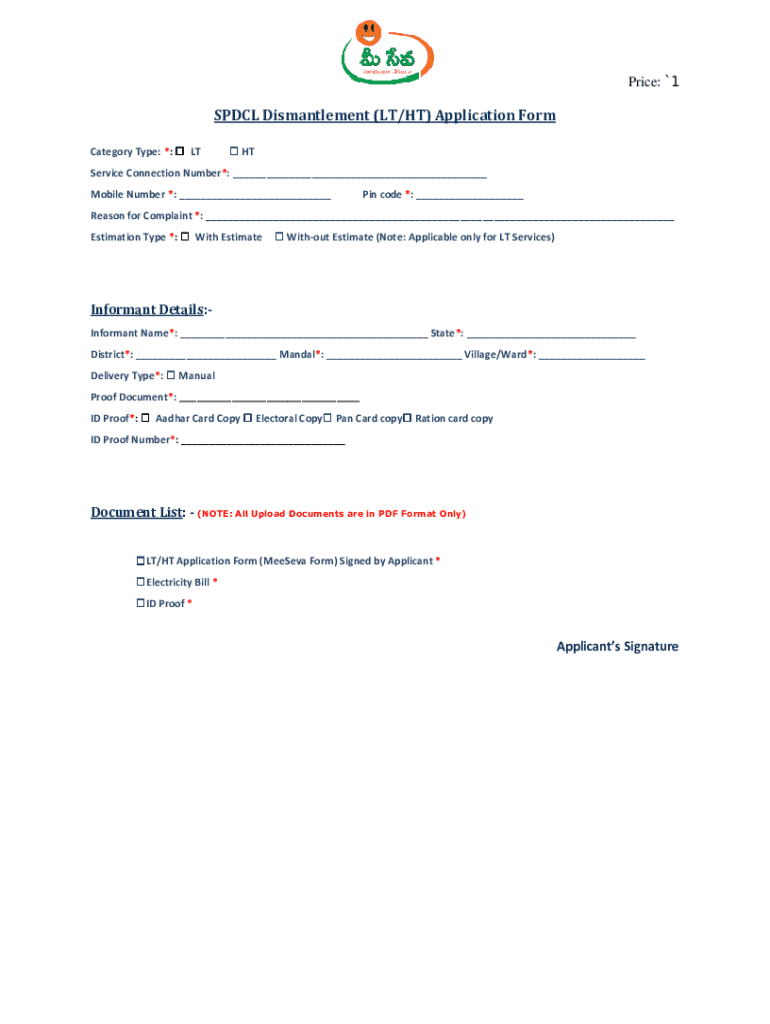 Fillable Online SPDCL Dismantlement (LT/HT) Application Form Fax Email ...
