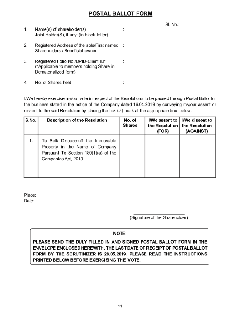 Fillable Online Postal Ballot Form - Avantel Limited Fax Email Print ...