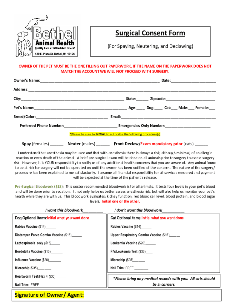 Fillable Online Surgical Consent Form - Bethel Animal Health Fax Email ...