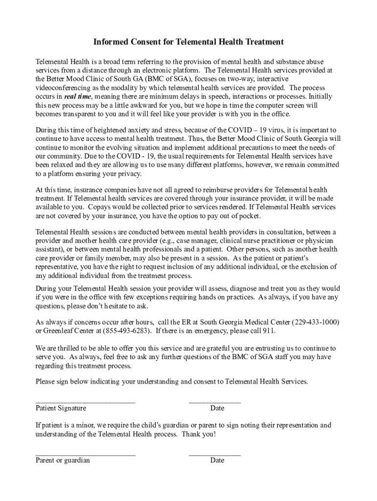 Fillable Online Telemental Health Informed ConsentTelemental Health ...