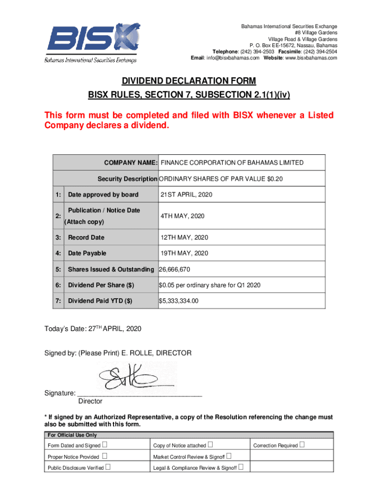 Fillable Online DIVIDEND DECLARATION FORM - Bahamas Securities Exchange ...