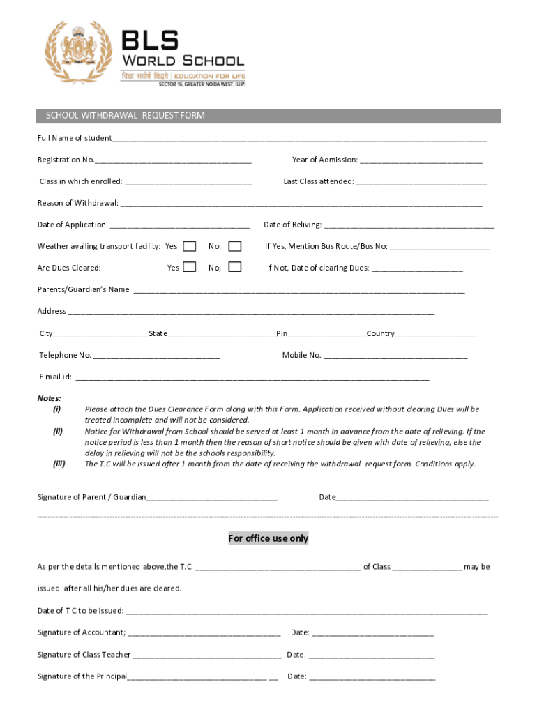 Fillable Online SCHOOL WITHDRAWAL REQUEST FORM Fax Email Print - pdfFiller