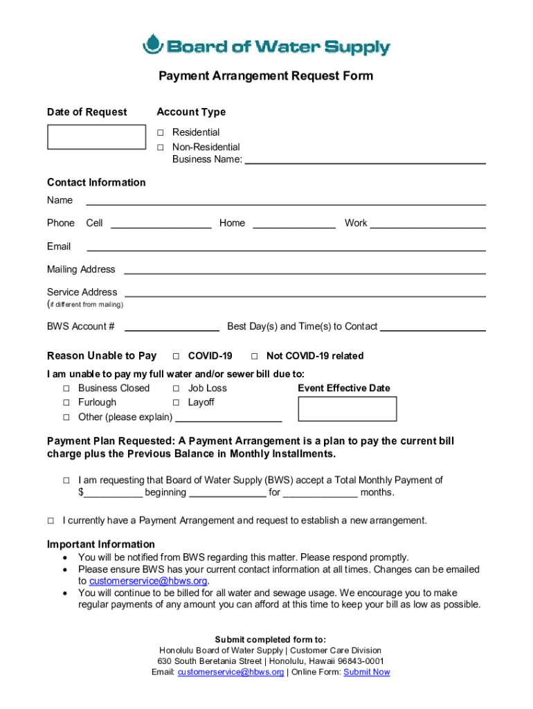 Fillable Online Payment Arrangement Request Form - Board of Water ...