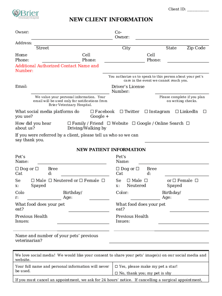 Fillable Online Brier Veterinary Hospital New Client Form Fax Email ...