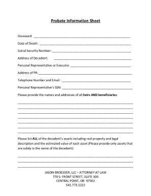 Fillable Online Probate Information Sheet - broesderlaw.com Fax Email ...