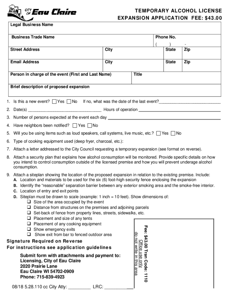 Fillable Online TEMPORARY ALCOHOL LICENSE EXPANSION APPLICATION FEE ...
