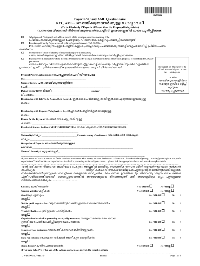 Fillable Online Payor KYC and AML Questionnaire /KYC ... Fax Email ...