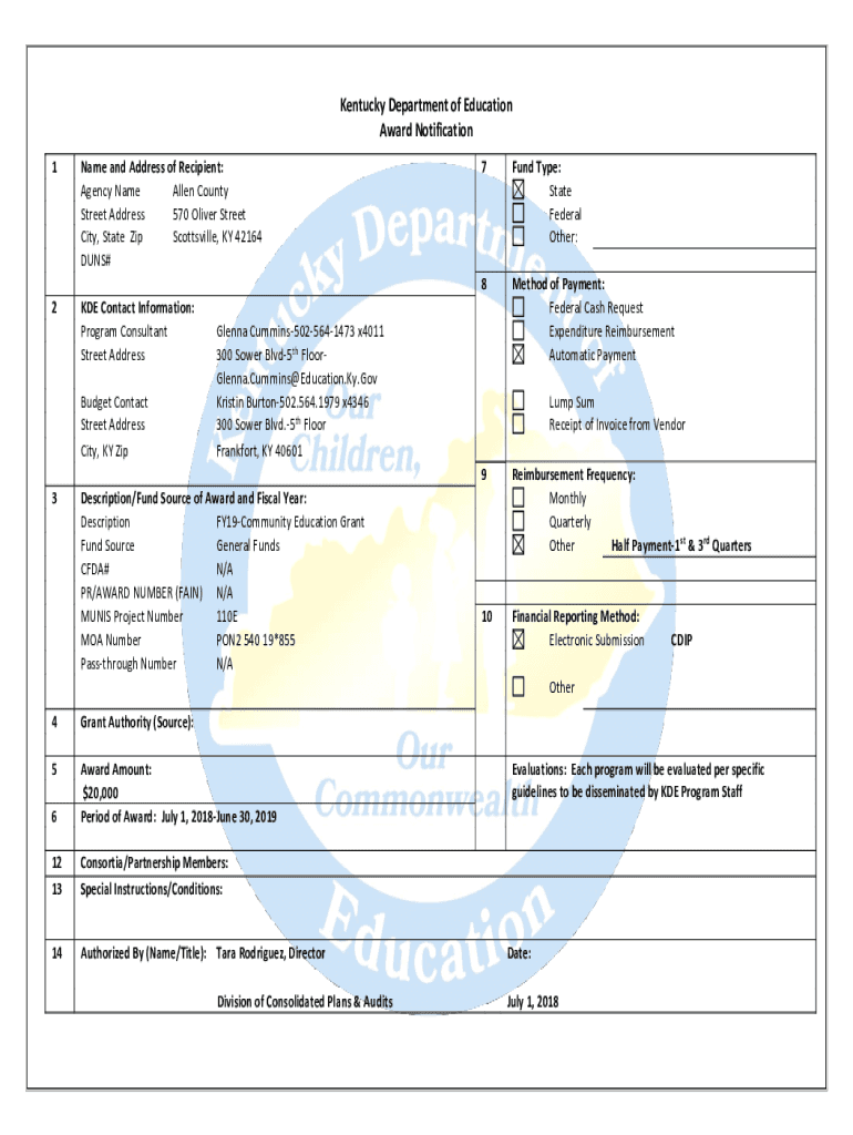 Fillable Online education ky FY19 Community Education Award Notification Template 7/12/18 Fax ...