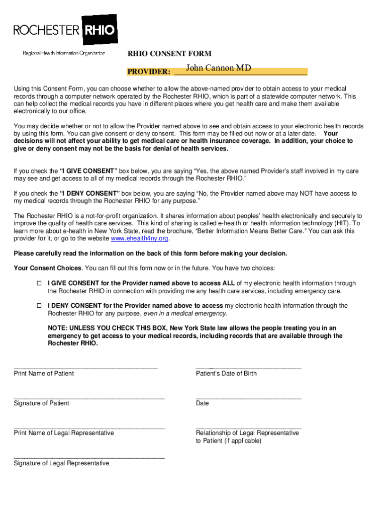 Fillable Online RHIO Consent Form - Rochester Colon & Rectal Surgeons ...